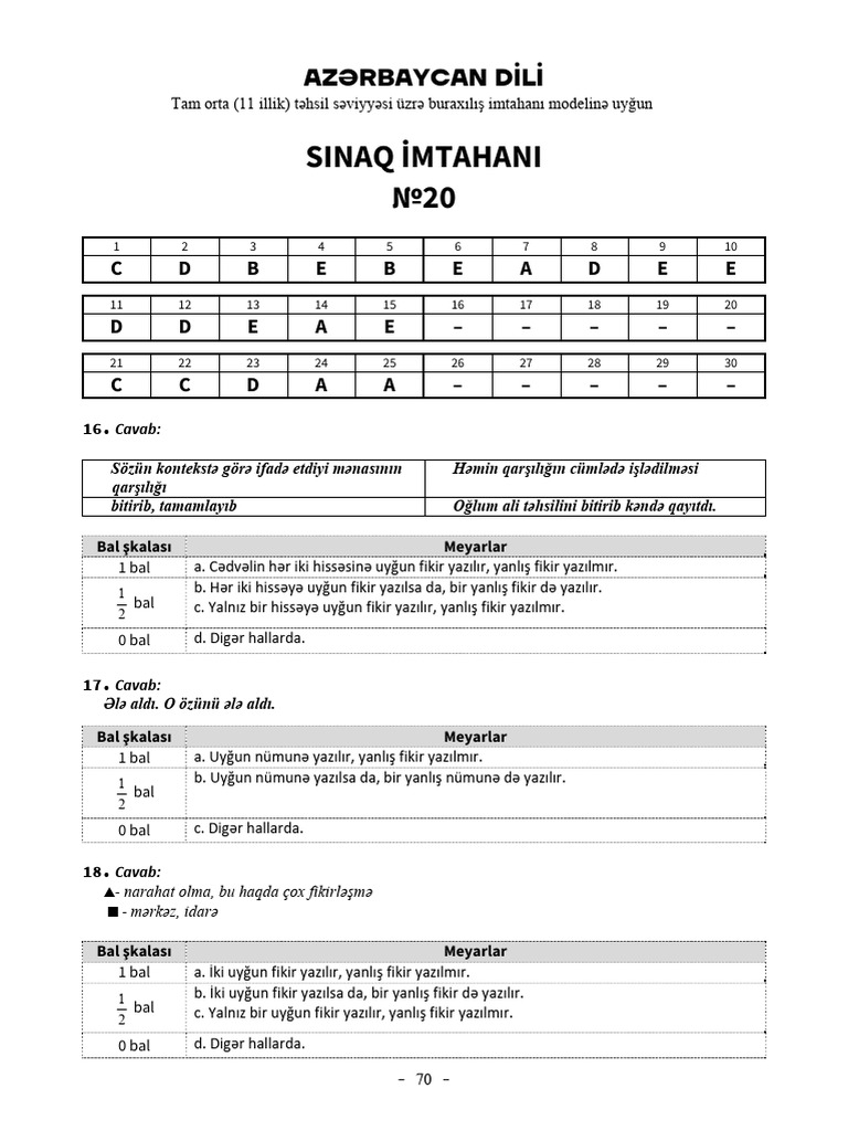 Az-Dili Bura 11 Cavab Sinaq 20 | PDF