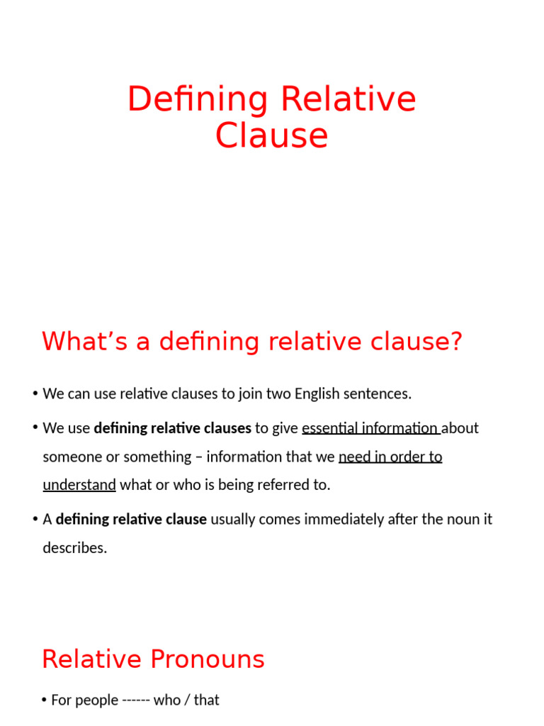 Defining Relative Clause Grammar Guides - 124940 | PDF | Subject (Grammar) | Sentence (Linguistics)