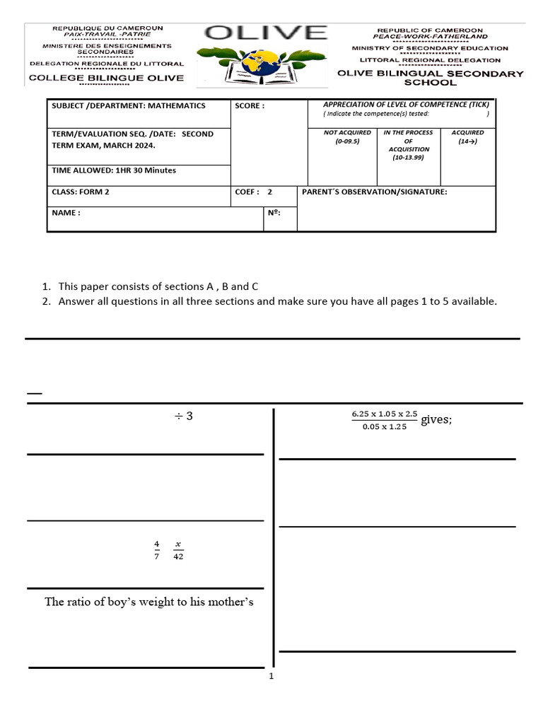 Form 2 MATHEMATICS 2nd Term Exam | PDF