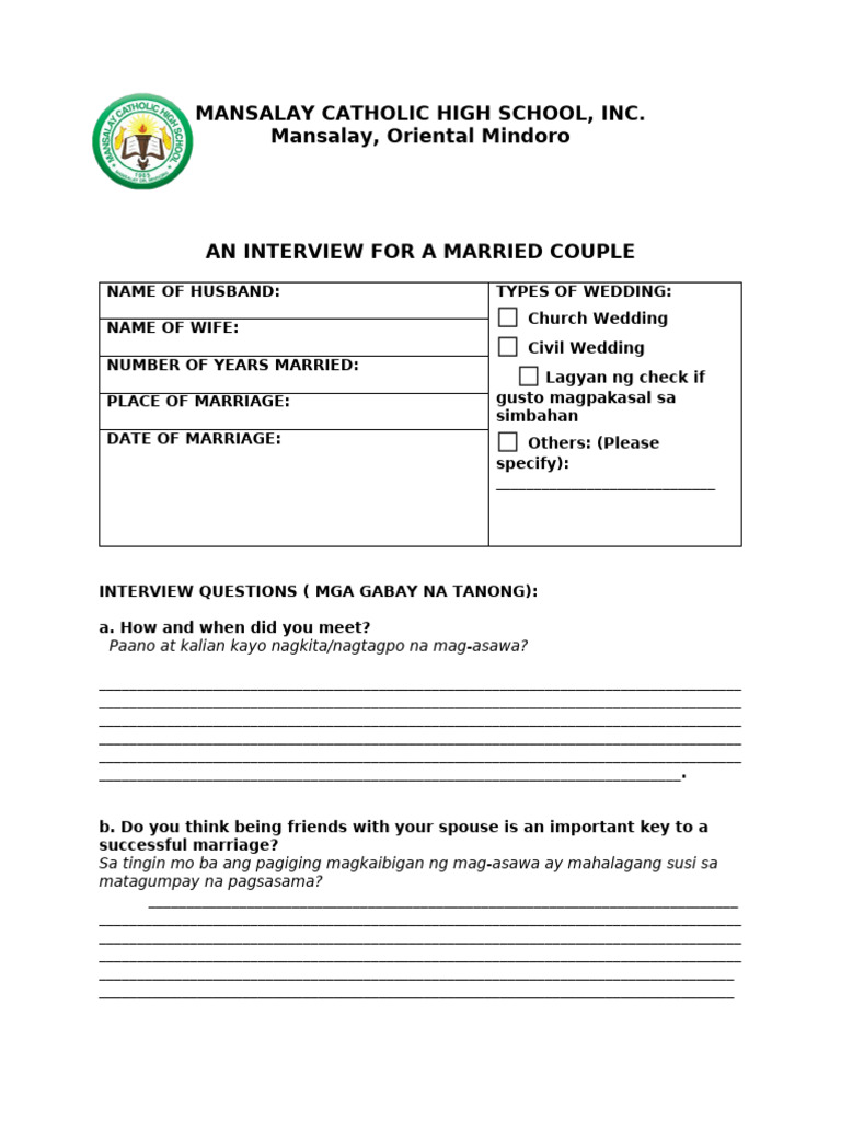 Interview Guide for Married Couples | PDF | Marriage | Marriage, Unions ...