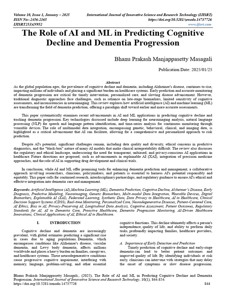 The Role of AI and ML in Predicting Cognitive Decline and Dementia Progression | PDF | Dementia ...