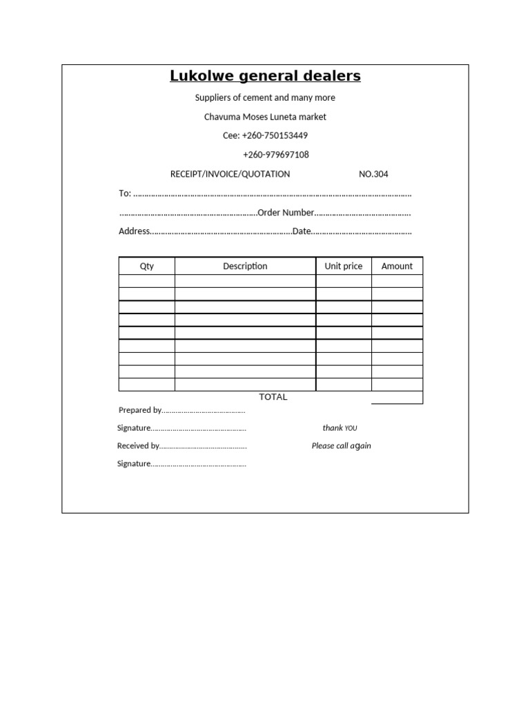 Lukolwe General Dealers Invoice Template | PDF