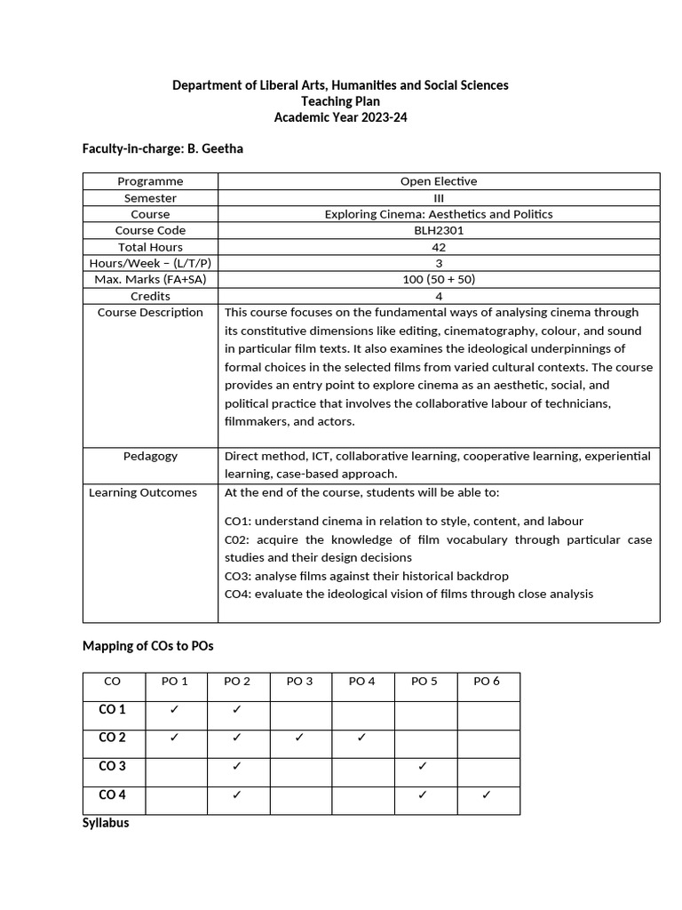 Lesson Plan - Film Elective PDF | PDF