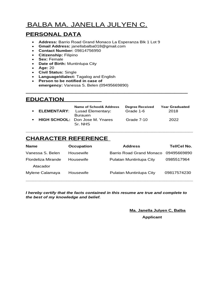 Janella Balba's Personal Resume | PDF
