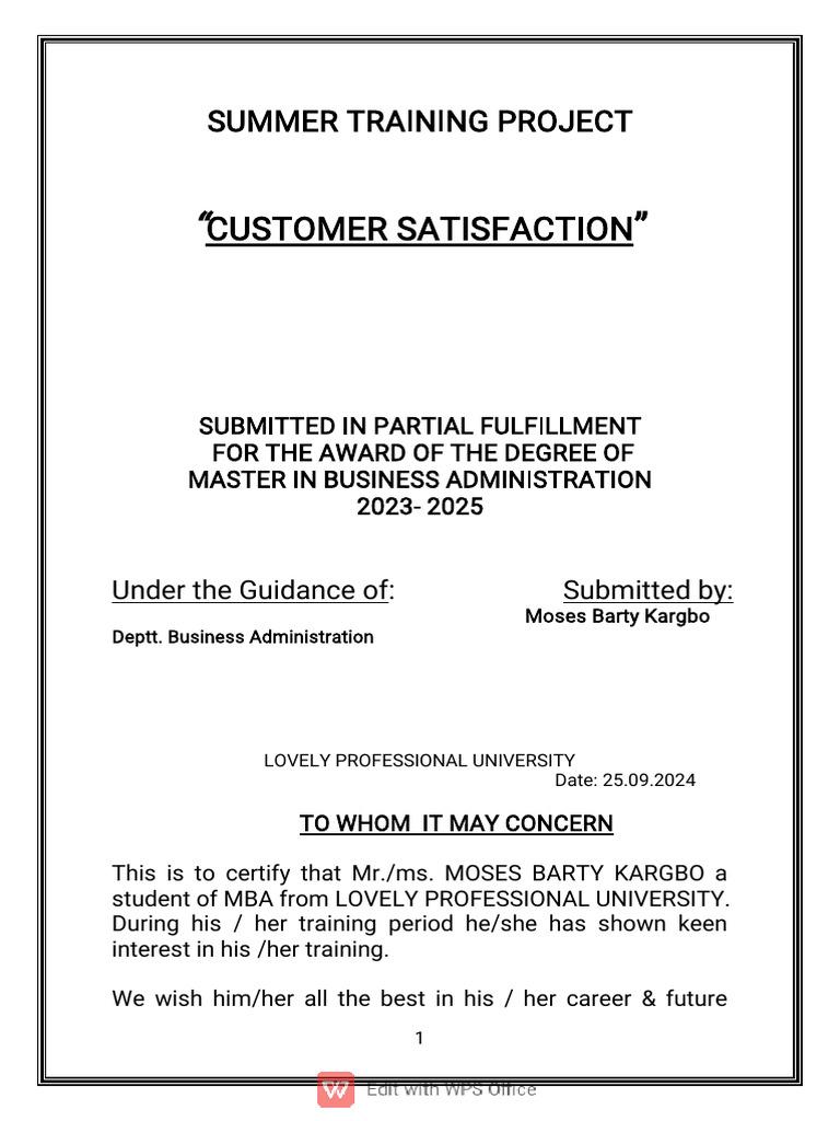 Summer-Training | PDF | Marketing | Customer Satisfaction