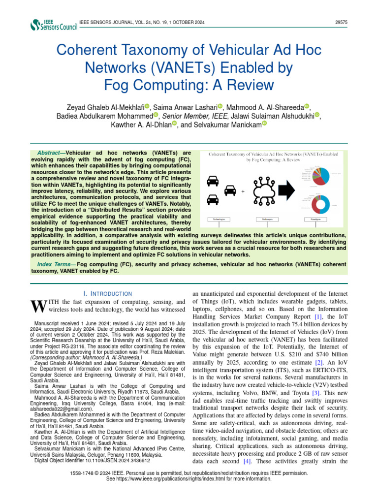 Coherent Taxonomy of Vehicular Ad Hoc Networks (VANETs)-Enabled by Fog Computing- A Review | PDF ...