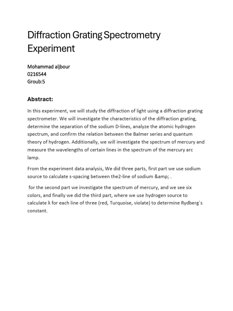 Diffraction Grating Spectrometry (Mohammad Aljbour 0216544) | PDF | Diffraction | Wavelength