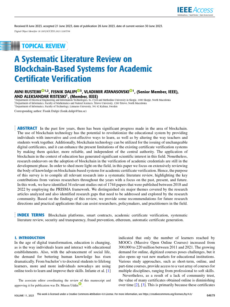 A Systematic Literature Review On Blockchain Based Systems For Academic Certificate Verification