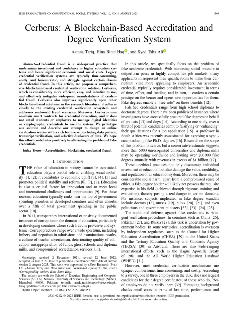 Cerberus a Blockchain-Based Accreditation and Degree Verification System | PDF | Computing