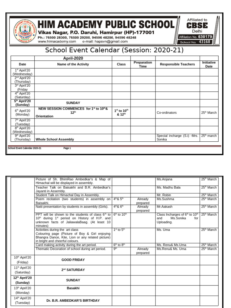 School Event Calendar 2020-21 | PDF