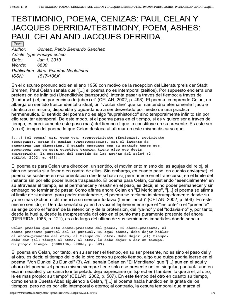 Testimonio, Poema, Cenizas - Paul Celan y Jacques Derrida - Testimony ...