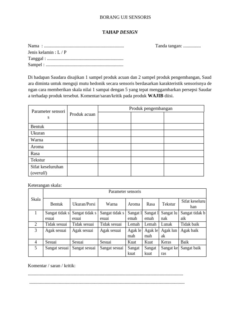 Borang Uji Sensoris - Tahap Design | PDF