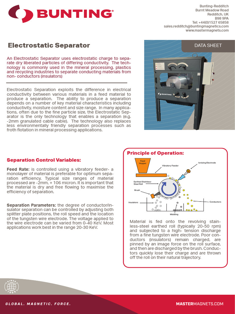 Bunting Electrostatic Separator | PDF | Minerals | Wire