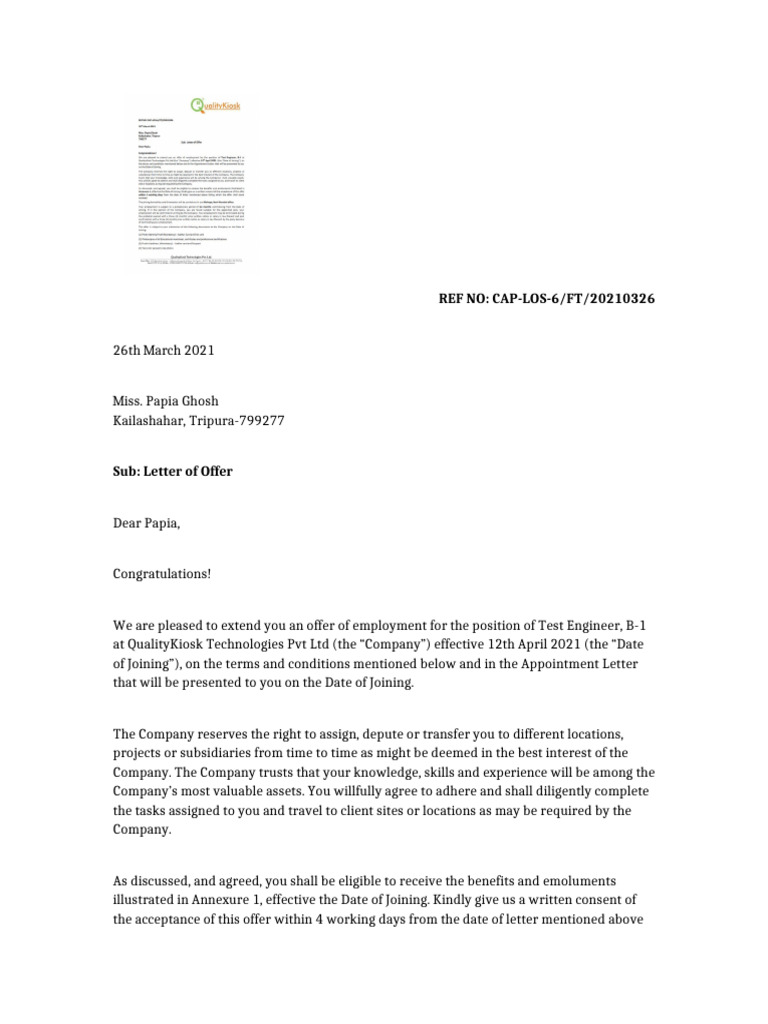 Job Offer Letter for Test Engineer | PDF