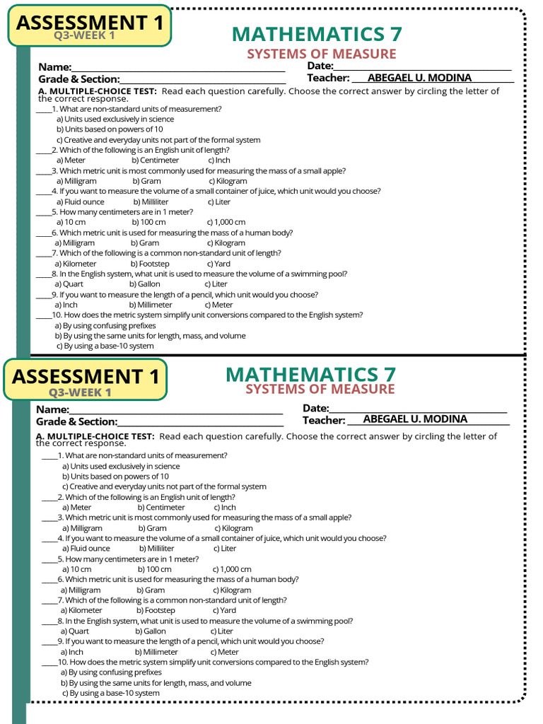 MATH7_ASSESSMENT1_Q2-W3 | PDF | Litre | Volume