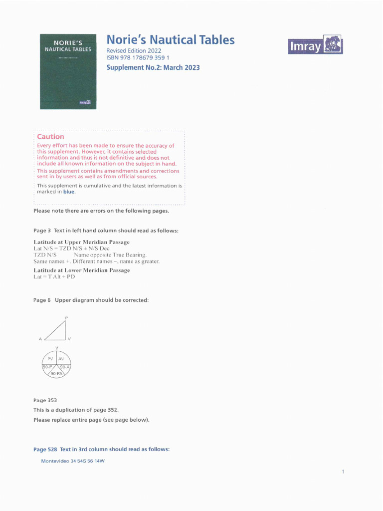 Norie's Nautical Tables - Supplement No.2-March 2023 | PDF