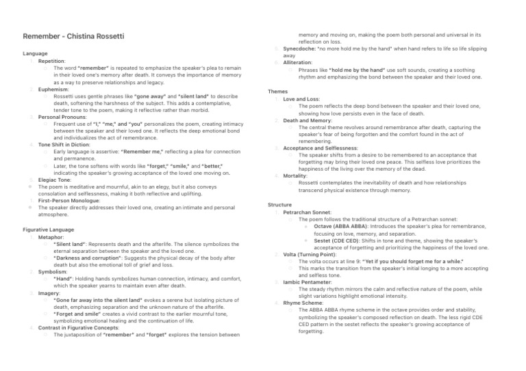 Remember - Chistina Rossetti | PDF | Poetry | Sonnets