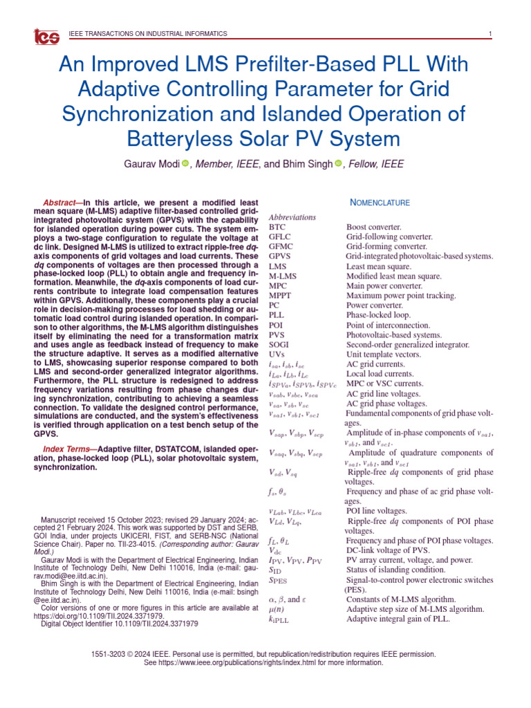 3-An Improved LMS Prefilter-Based PLL With Adaptive Controlling Parameter For Grid ...