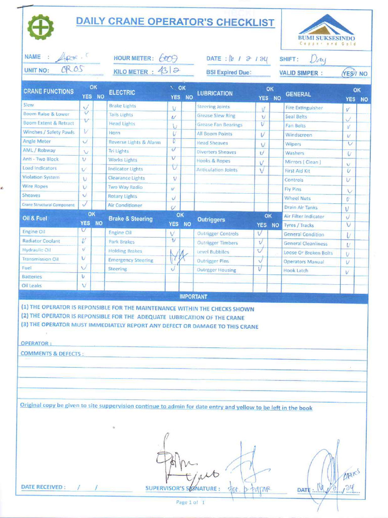 Daily Crane Opr Checklist | PDF