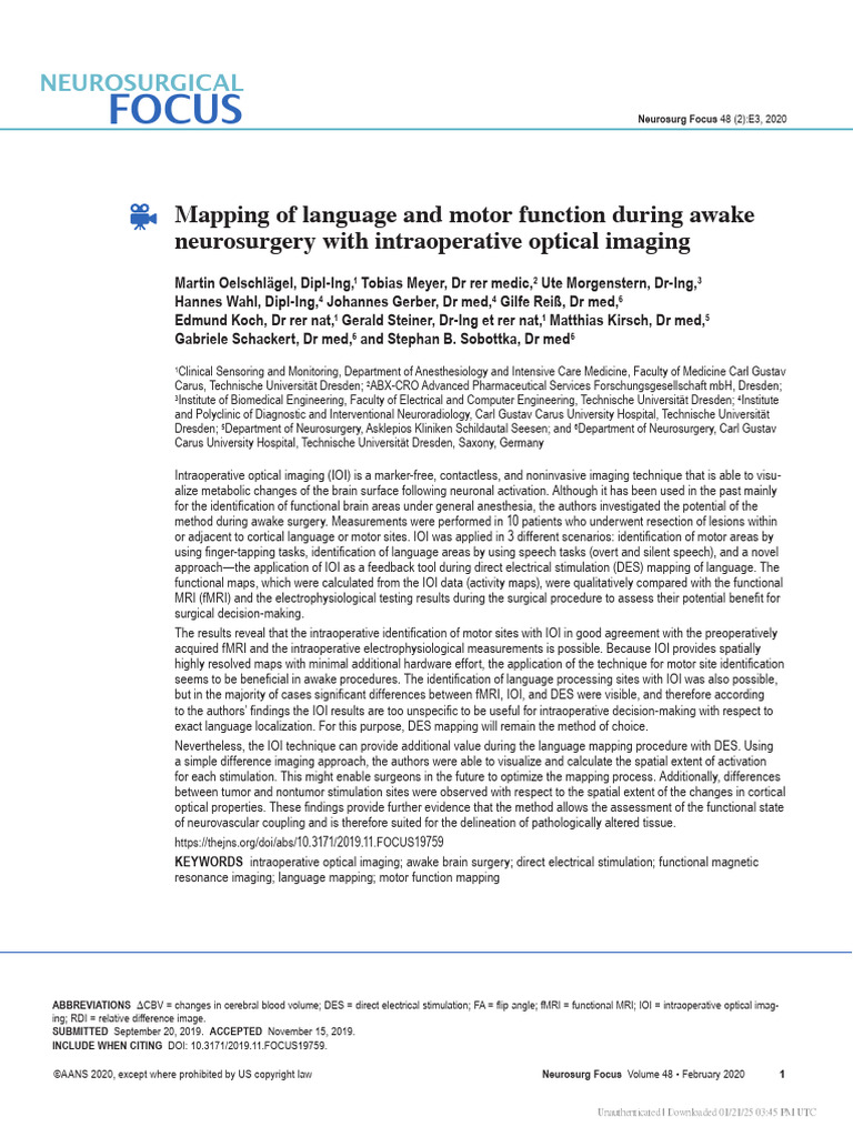 Mapping Of Language And Motor Function During Awake Neurosurgery With Intraoperative Optical