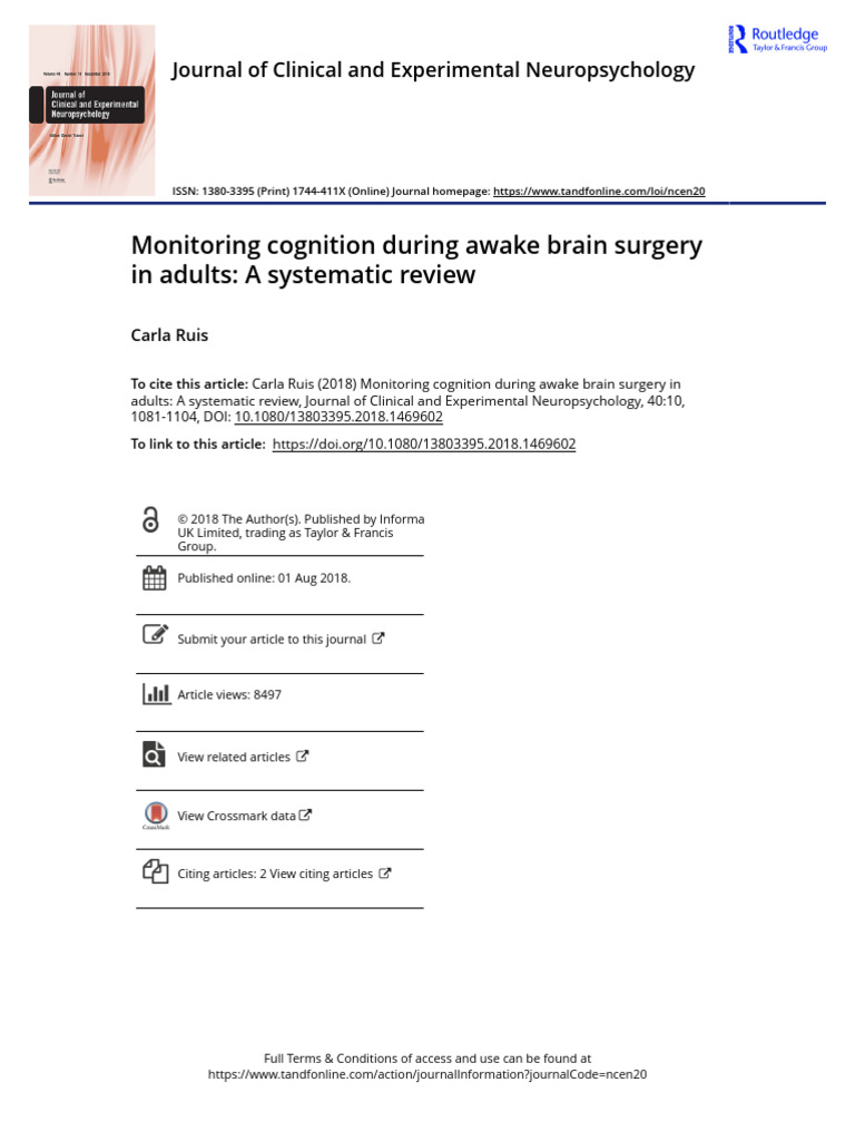 Cognition Monitoring in Awake Brain Surgery | PDF | Surgery | Neurosurgery