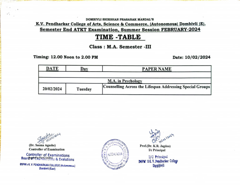 M.A. Psychology Sem-III ATKT Summer Session Time Table | PDF