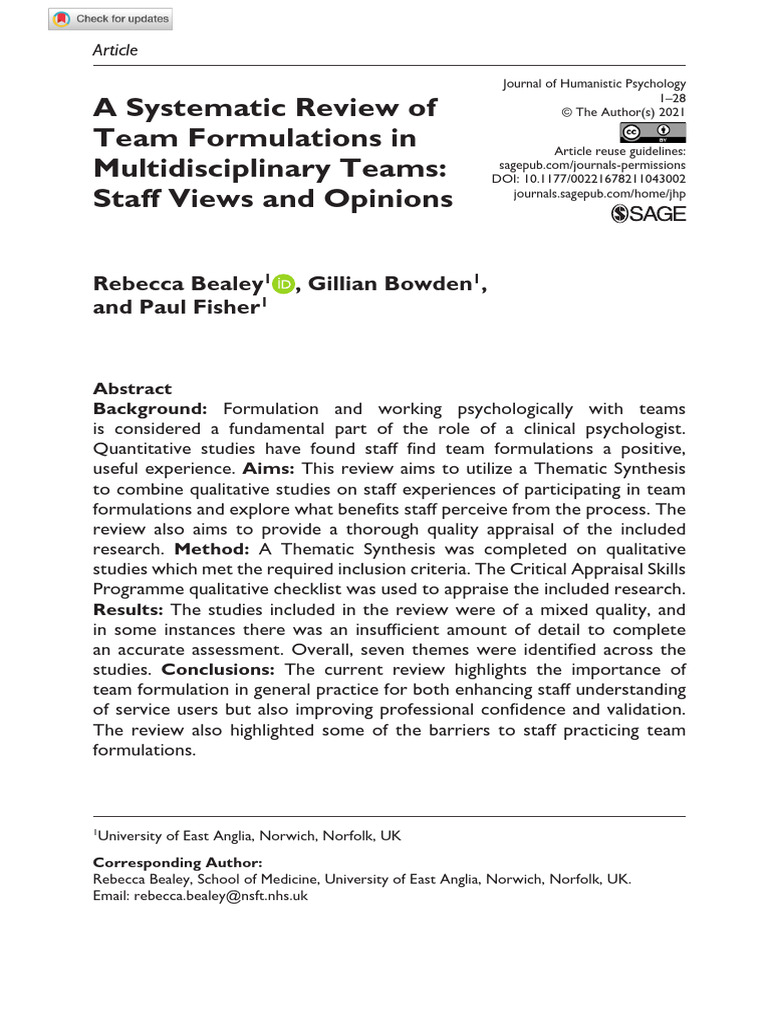 Bealey Et Al 2021 A Systematic Review of Team Formulations in ...