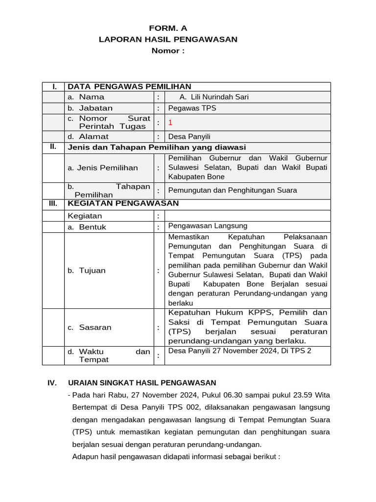 Laporan Pengawasan Pemungutan Suara TPS 002 | PDF