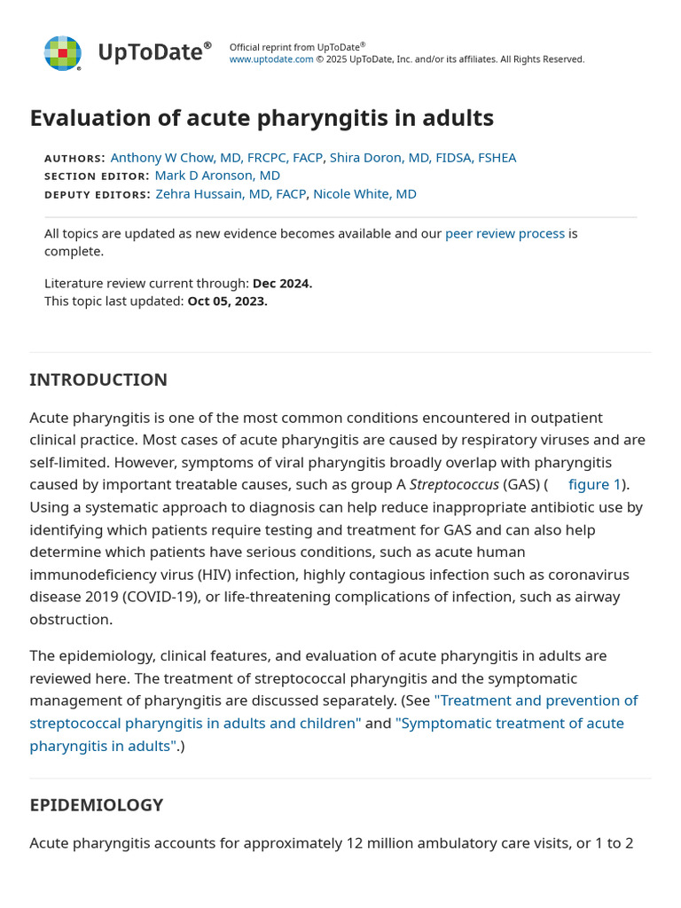 Evaluation of Acute Pharyngitis in Adults - UpToDate | PDF | Streptococcus | Infection