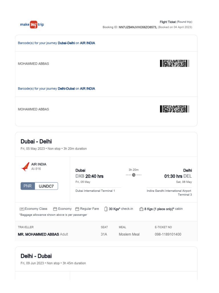 Air India Flight Booking Details | PDF | Identity Document | Aviation