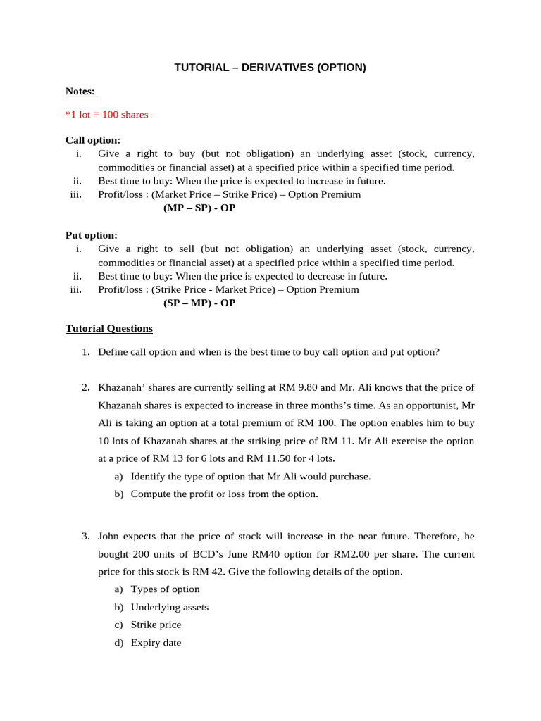 Tutorial Derivatives - Option | PDF | Option (Finance) | Put Option