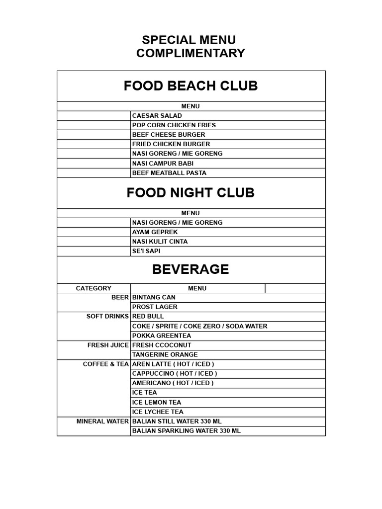 Beach Club & Night Club Menu Options | PDF