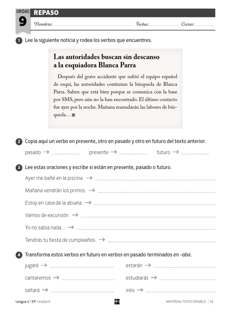 Repaso de Verbos para 3.º EP | PDF