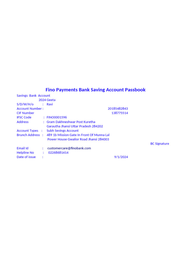 Fino Bank Passbook | PDF