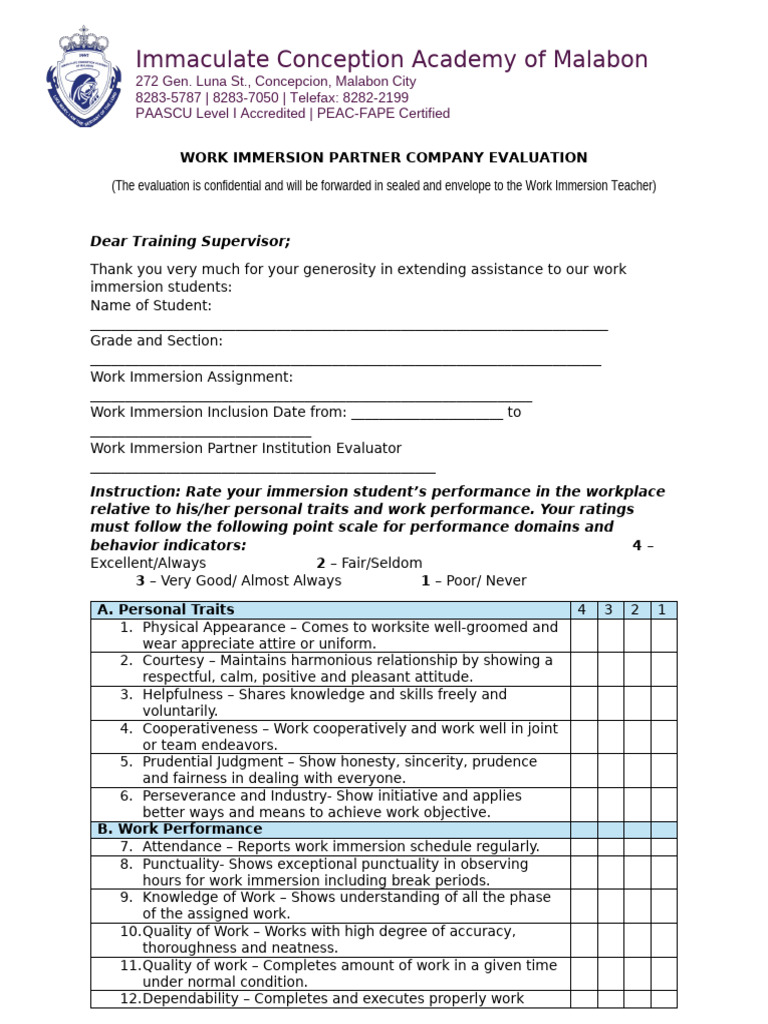 Work Immersion Evaluation Form | PDF | Cognition | Psychological Concepts