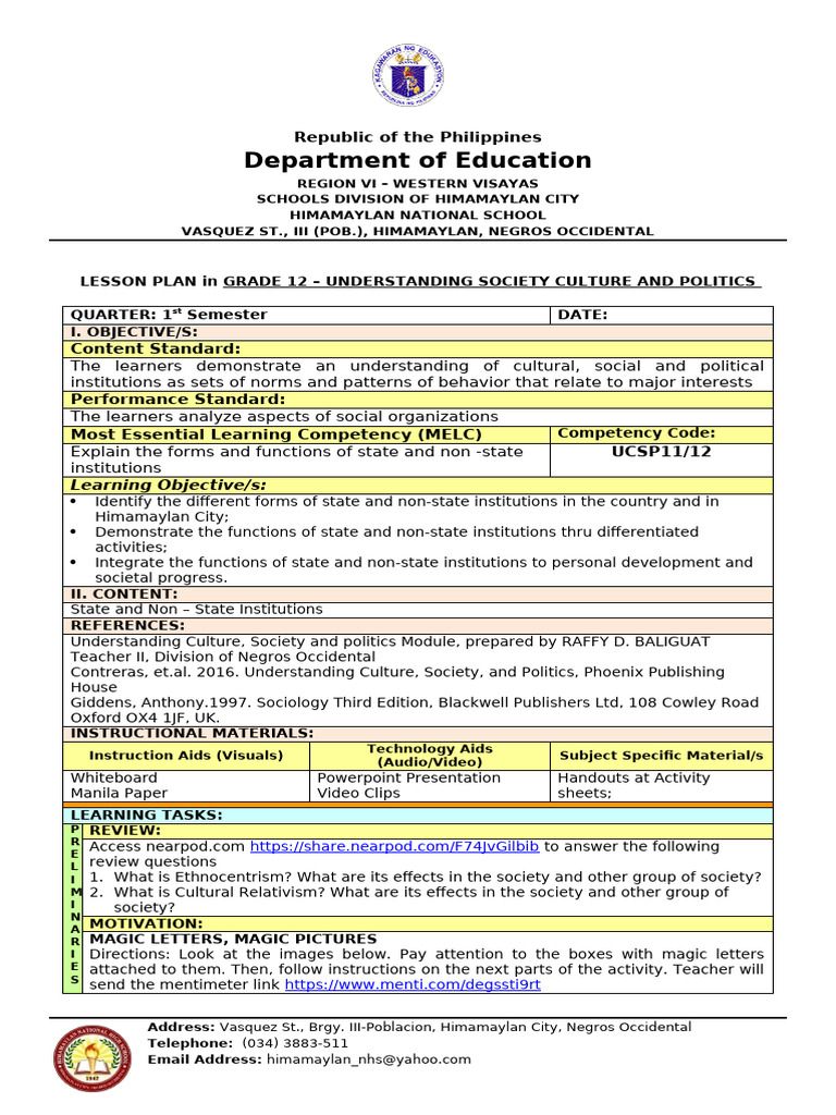 Contextualized Lesson Plan UCSP - Albert Cabrera | PDF | Cognitive ...