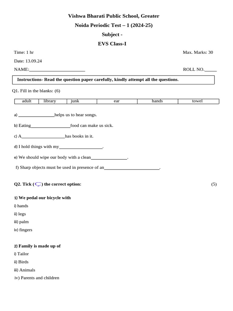 Class 1 Evs Question Paper-1 -July 2024[1] | PDF