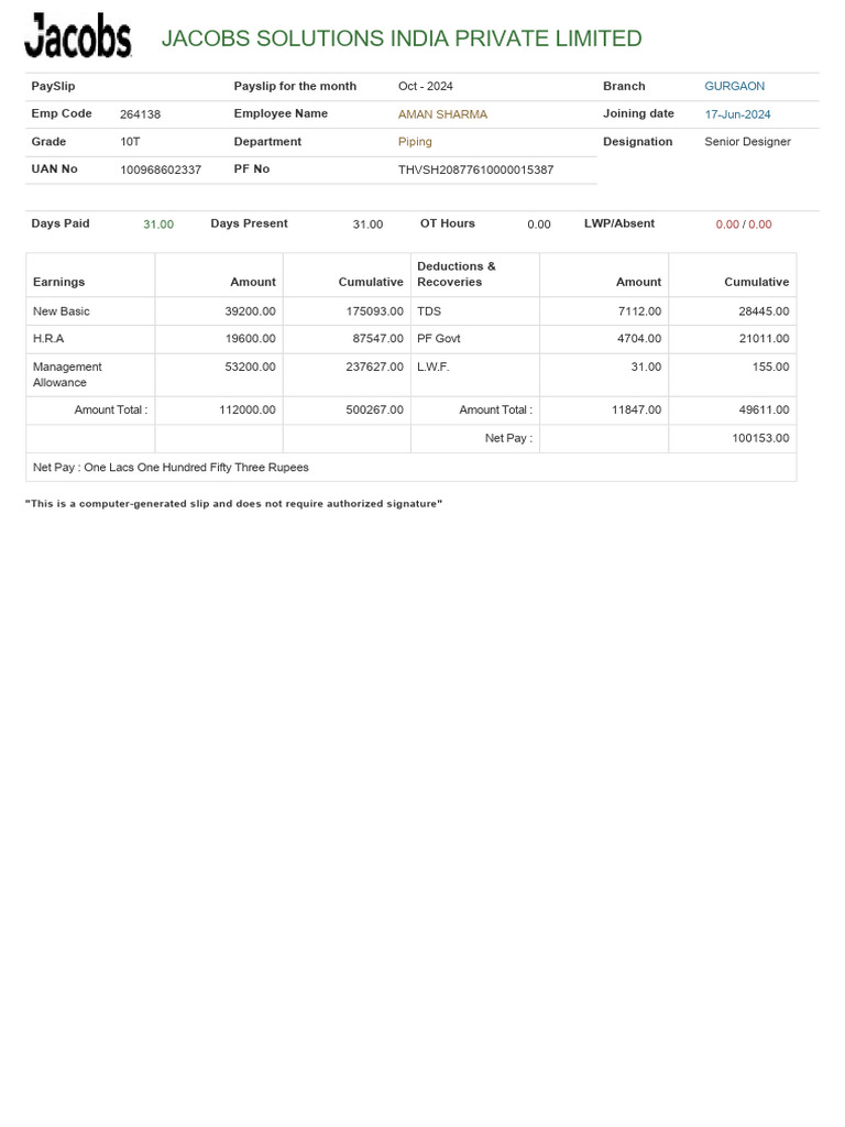 Payslip 264138 October - 2024 | PDF