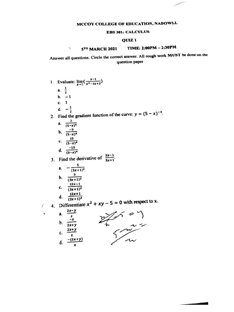 Calculus - Sample Quiz (1) | PDF