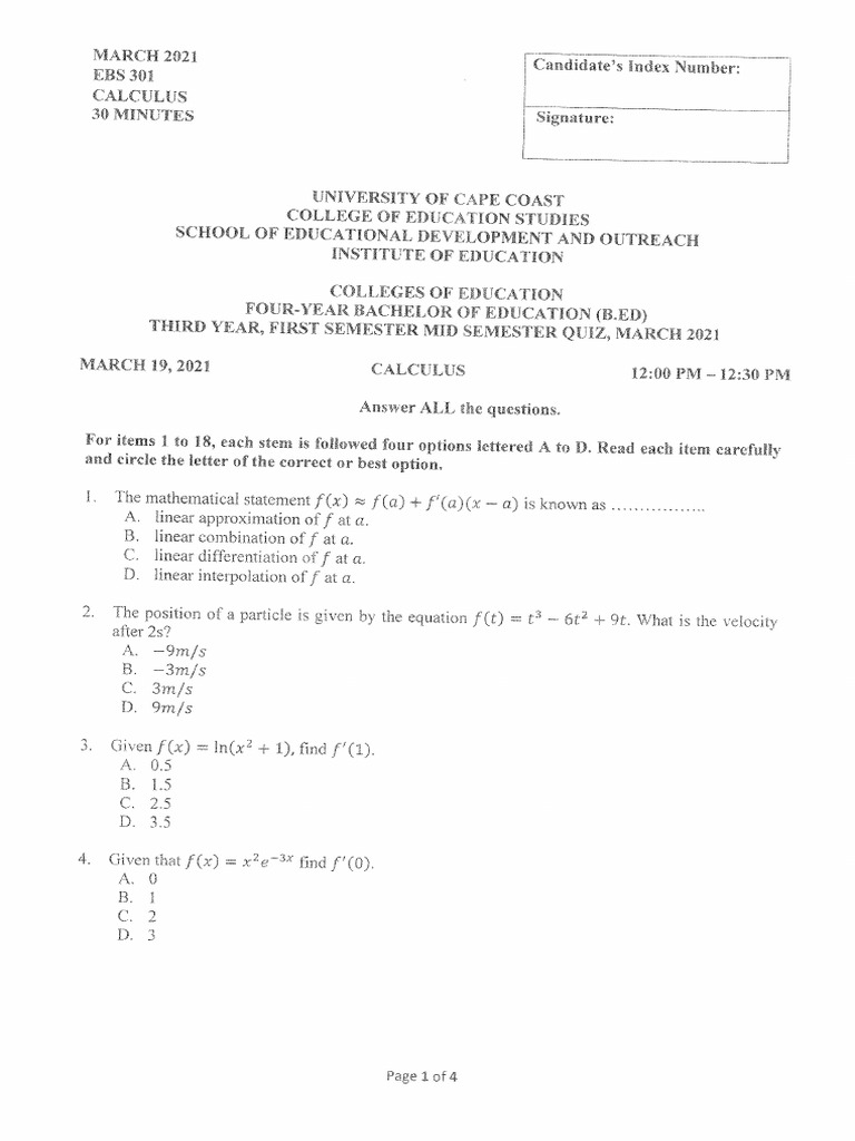 Calculus - 2021 External Quiz | PDF