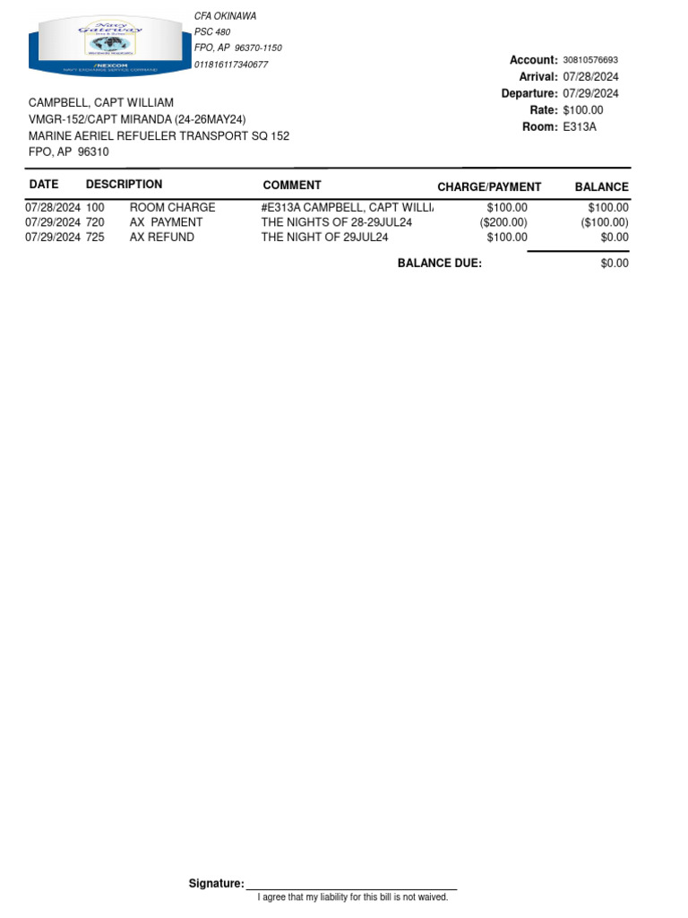 Military Lodging Receipt | PDF