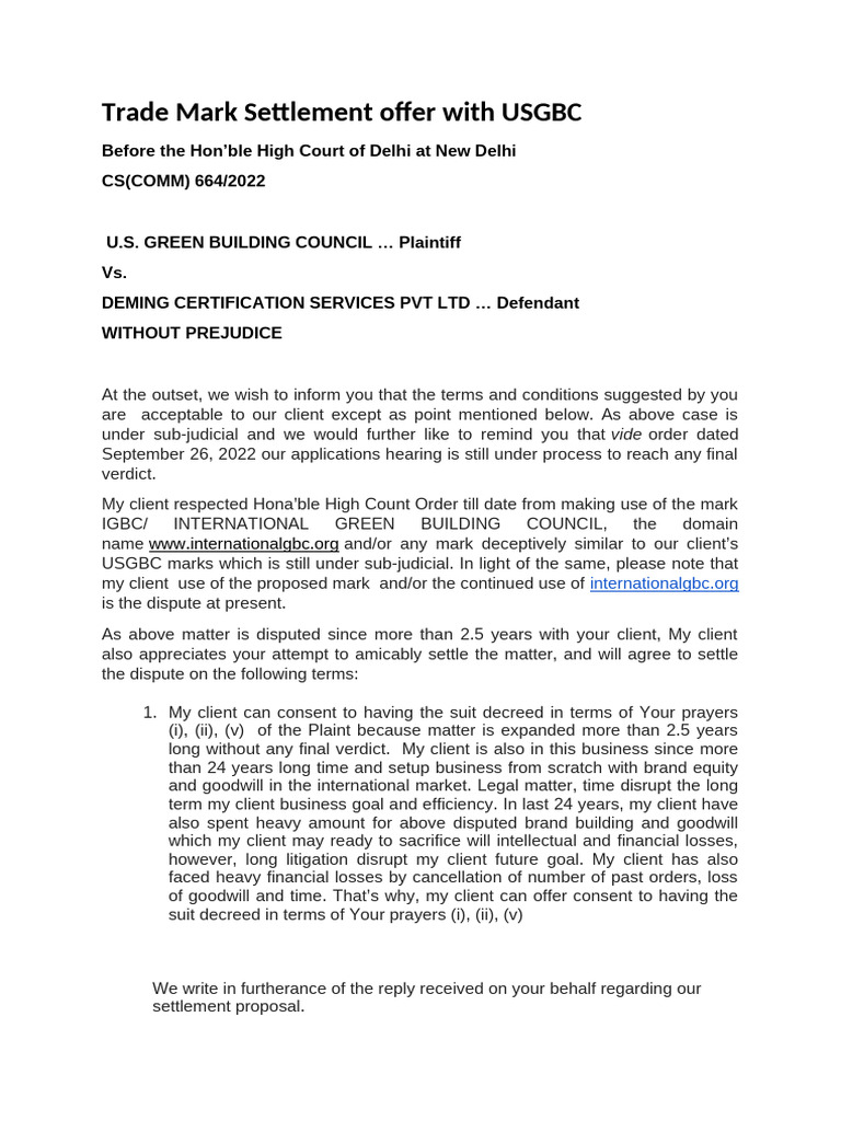 Trademark Settlement Offer With USGBC Vs Deming Certification Dated 06. ...