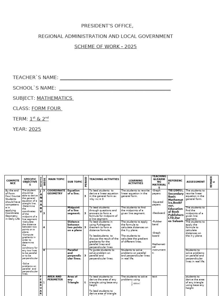 Form Four Mathematics Scheme 2025 | PDF | Matrix (Mathematics) | Area