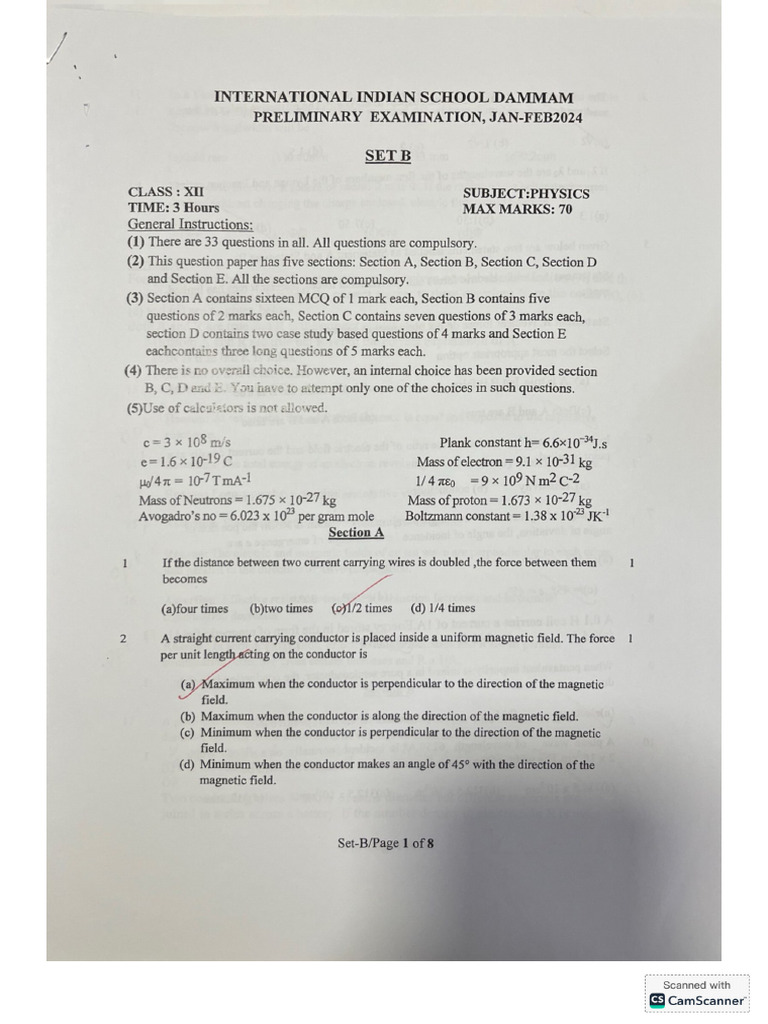 Physics Preliminary Exam 2024 Class 12 | PDF