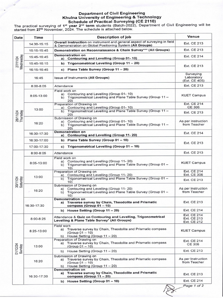 Schedule of Practical Surveying (CE 2110) - 0001 | PDF