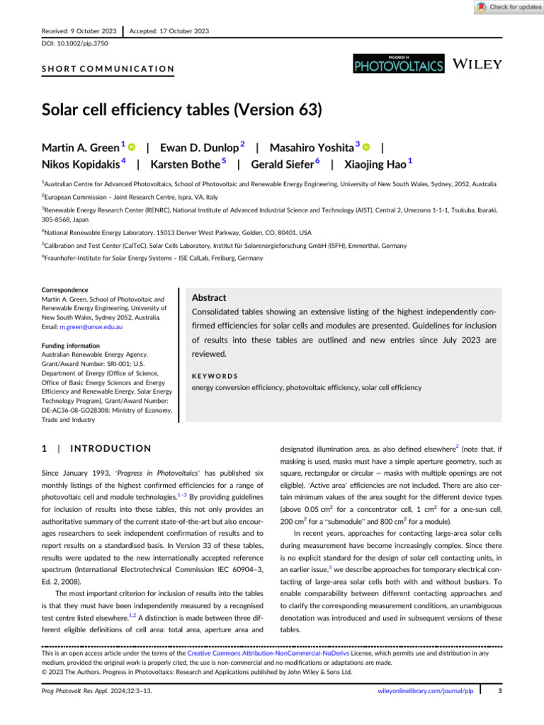 Solar Cell Efficiency Tables v63 | PDF | Photovoltaics | Solar Cell