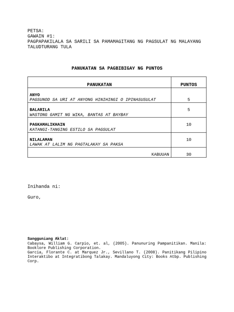 Panukatan Sa Paglikha NG Sariling Tula | PDF