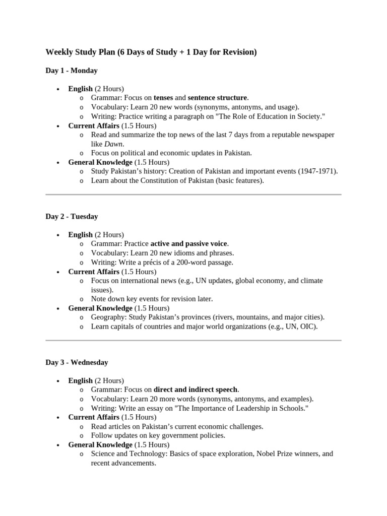 Weekly English Study Plan for Students | PDF | English Language ...