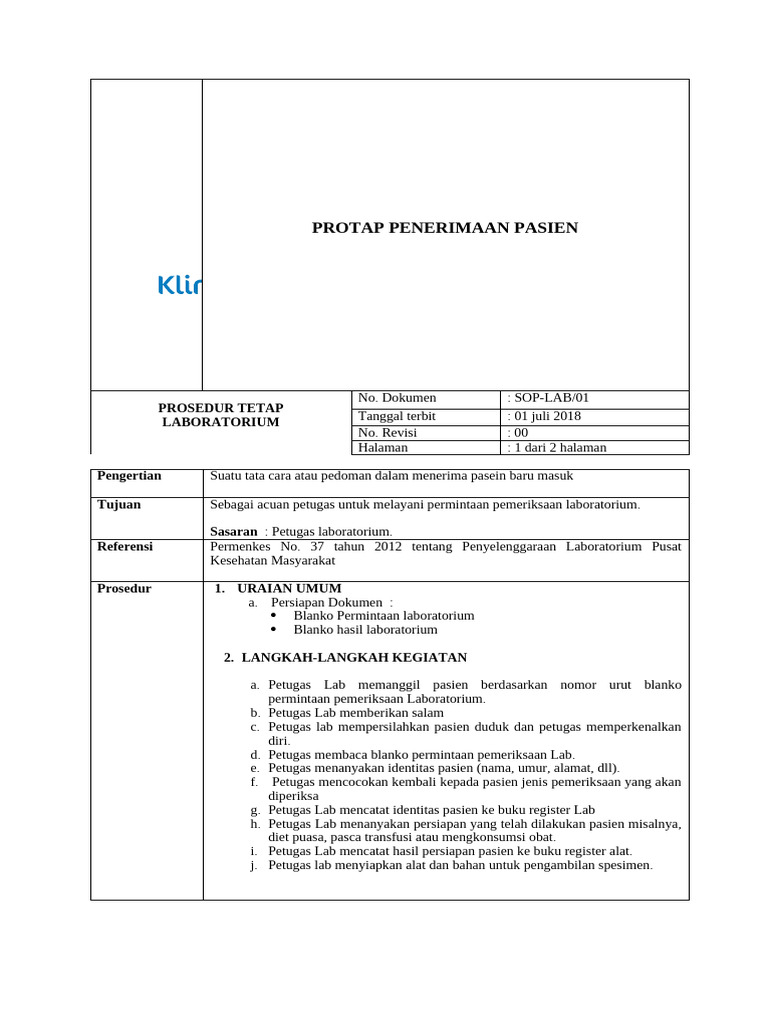 Protap Penerimaan Pasien Laboratorium | PDF