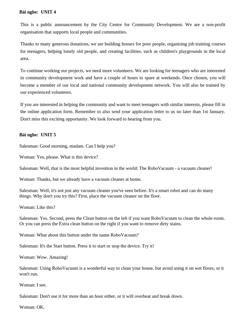 Bài Nghe UNIT 4,5 LOP 10 | PDF